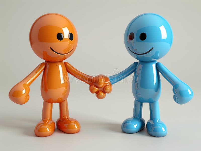 Friendly Cartoon Characters Shaking Hands - Orange and Blue Figures in ...