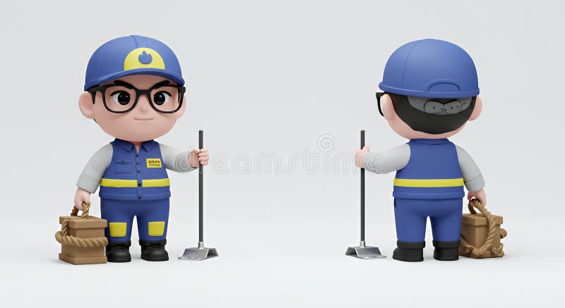 Friendly Cartoon Janitor 3D Render Front and Back View Isolated on ...