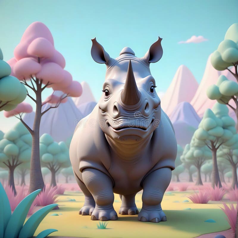 Friendly Cartoon Rhino in a Colorful Landscape Stock Illustration ...