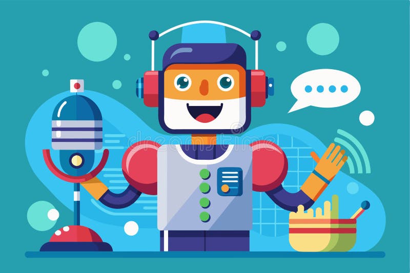 A Friendly Cartoon Robot Interacts with a Microphone, Showcasing ...