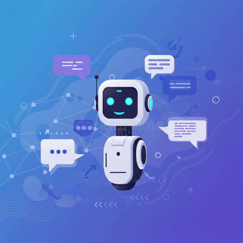 A Friendly Cartoon Robot with a Rectangular Head and Glowing Blue Eyes ...