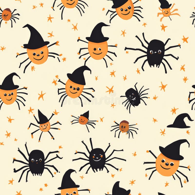 Friendly Cartoon Spider Pattern Tiny Smiling Spiders Wearing Witch Hats ...