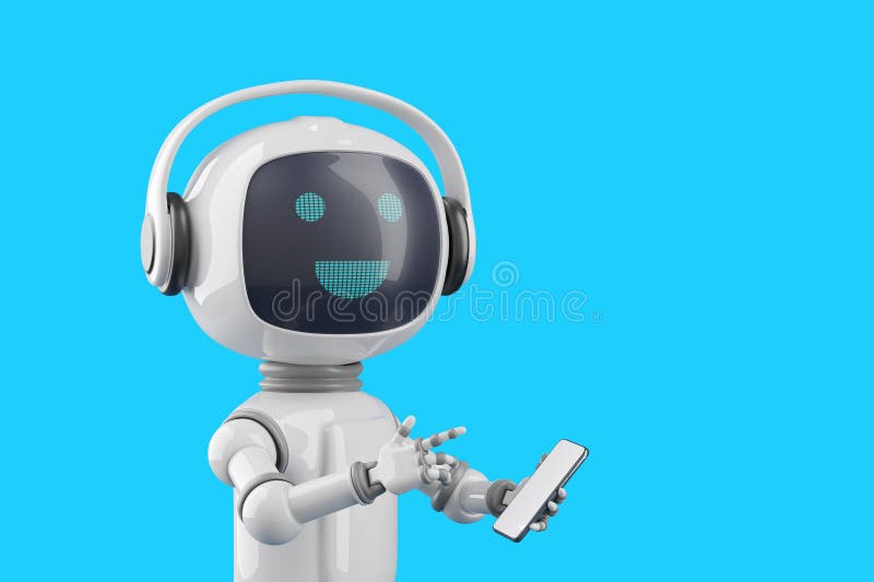 Friendly Cartoon Style Chat Robot with Mobile Phone. 3d Illustration ...