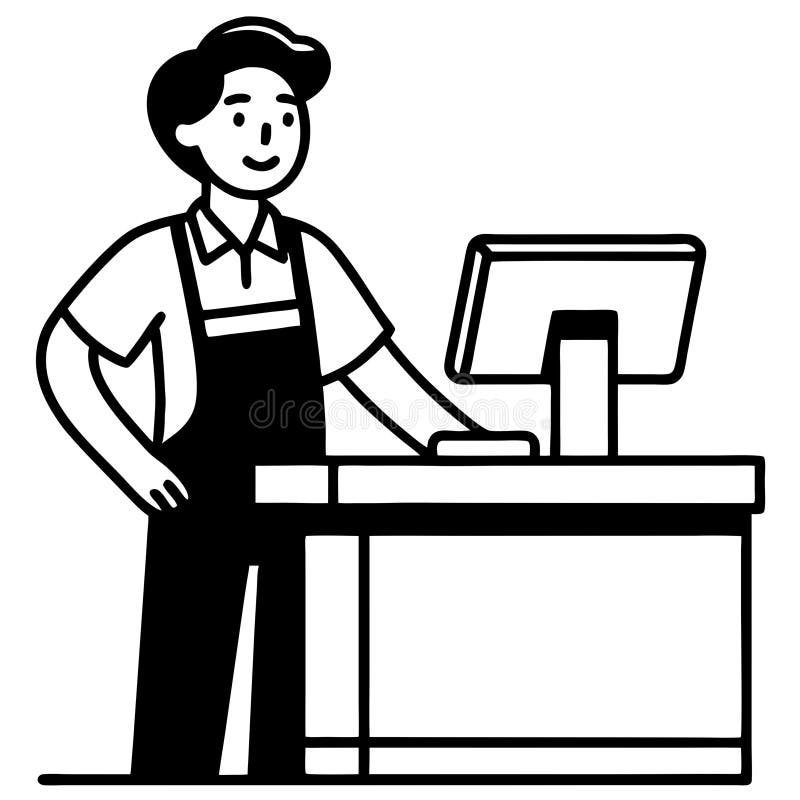 Friendly Cashier at Checkout Counter Vector Illustration for Retail and ...