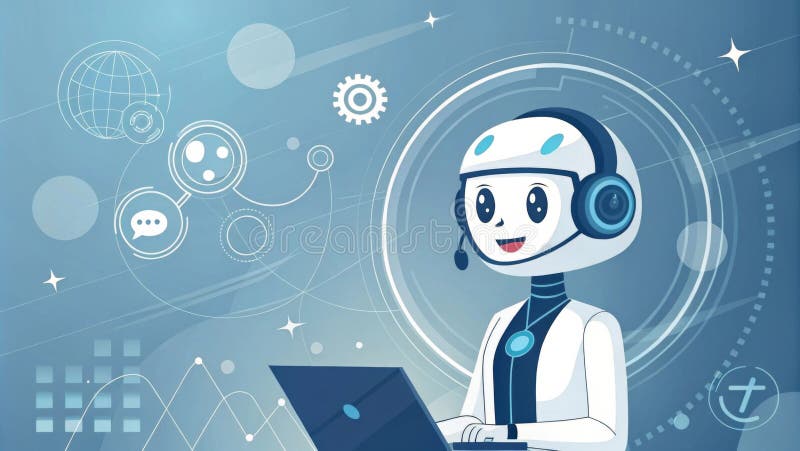 Friendly Chatbot with a Headset, Surrounded by Futuristic Interface ...