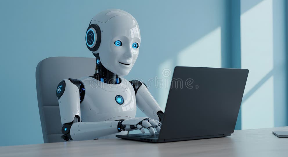 Cute Friendly Chatbot Robot Using Laptop in Office Stock Illustration ...
