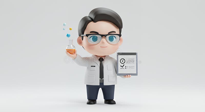 Friendly Chibi Scientist 3D Render Holding Beaker and Certificate Stock ...