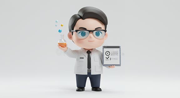 Friendly Chibi Scientist 3D Render Holding Beaker and Certificate Stock ...