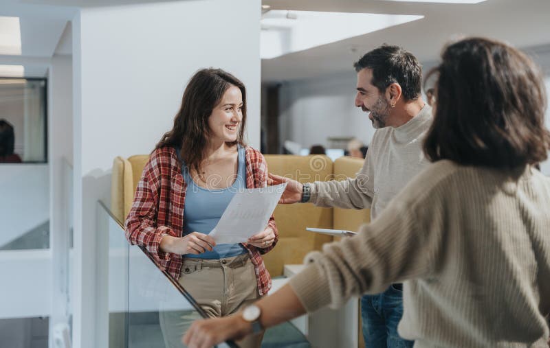 Friendly Colleagues Discussing Documents in a Modern Office Environment ...