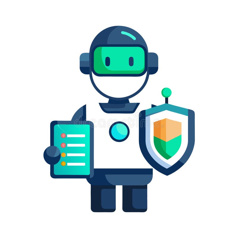 Cyber Security Robot Mascot Holding Shield and Clipboard for Data ...