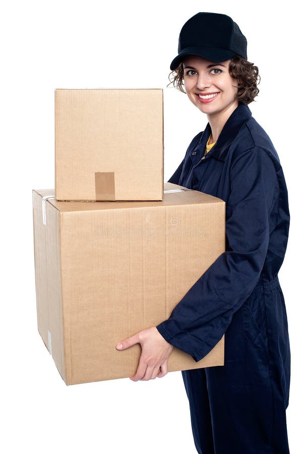Friendly Delivery Woman in Uniform Stock Image - Image of indoors ...