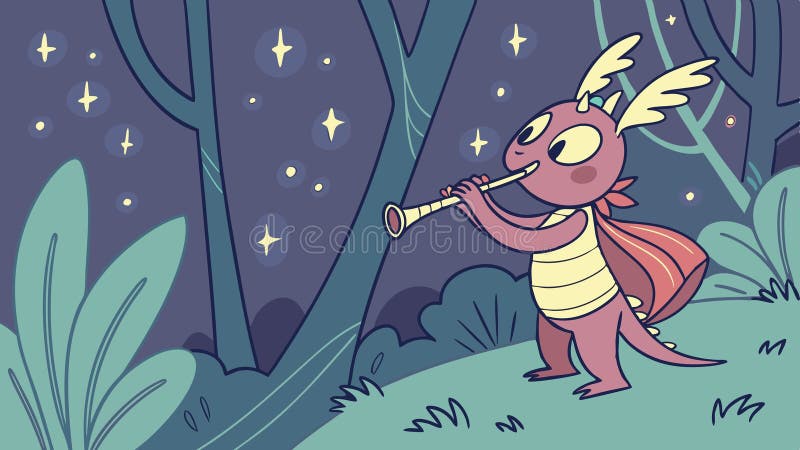 Friendly Dragon Playing a Flute in a Magical Forest, Vector Design ...