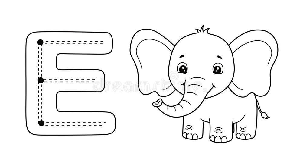 Friendly Elephant and Letter E Outline Printable Educational Coloring ...