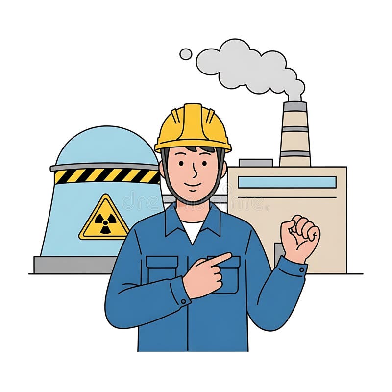 Friendly Engineer Points at a Nuclear Facility with Stylized Visuals ...