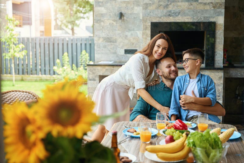Friendly Family Has a Nice Conversation at the Dinner Table Stock Photo ...