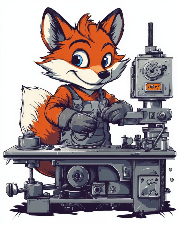 Friendly Fox Engineer Operating a Metalworking Machine with a Smile ...