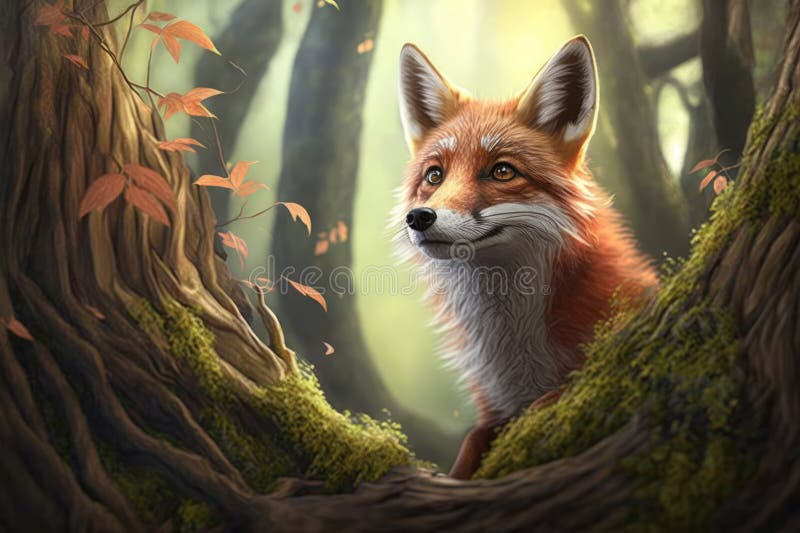 Friendly Fox with a Wagging Tail, Peeking Out from Behind a Tree Stock ...