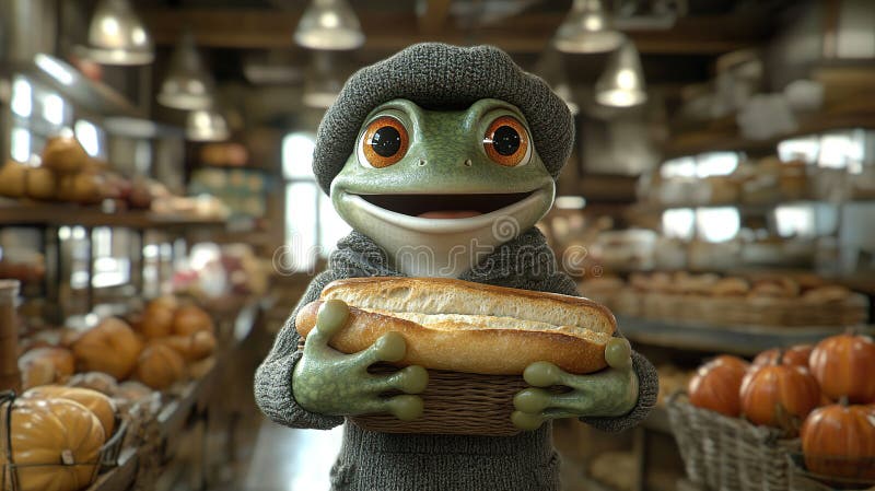 Friendly Frog Holding a Hot Dog in a Bakery Stock Illustration ...