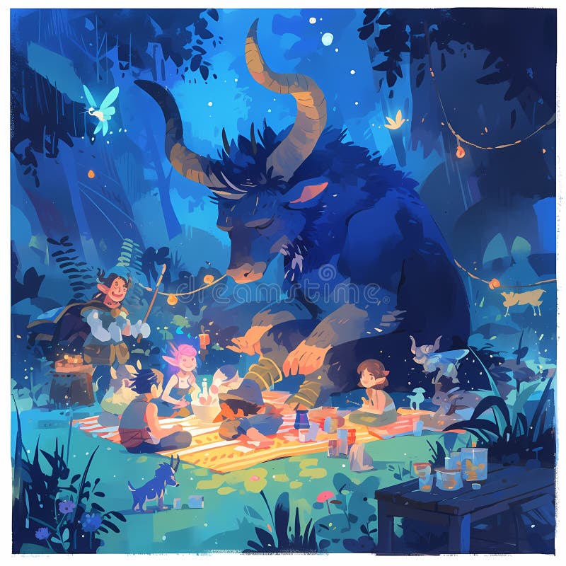 Friendly Gathering with Mythical Creature Stock Illustration ...