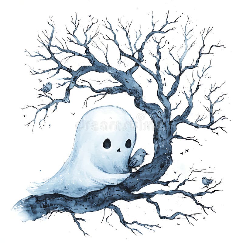 Friendly Ghost and Bird Sitting on a Bare Tree Branch Stock ...