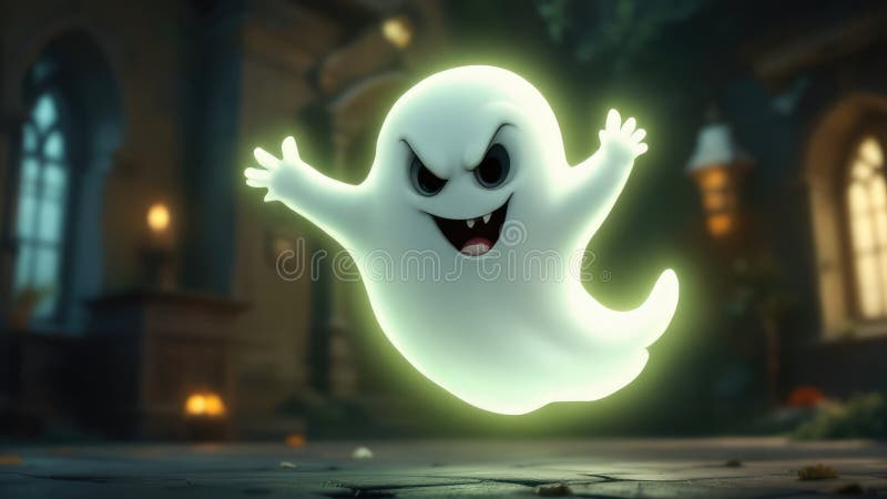 Friendly Ghost Character Floating in a Spooky Animated Setting ...