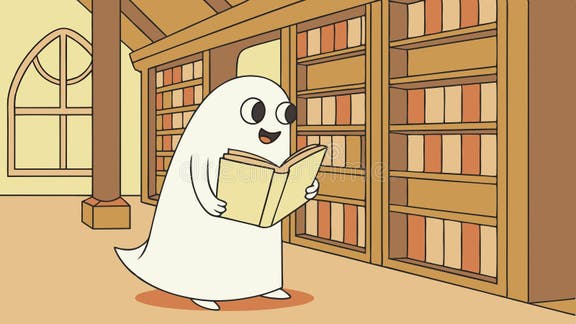 Friendly Ghost Reading a Book in a Library, Whimsical Learning, Vector ...
