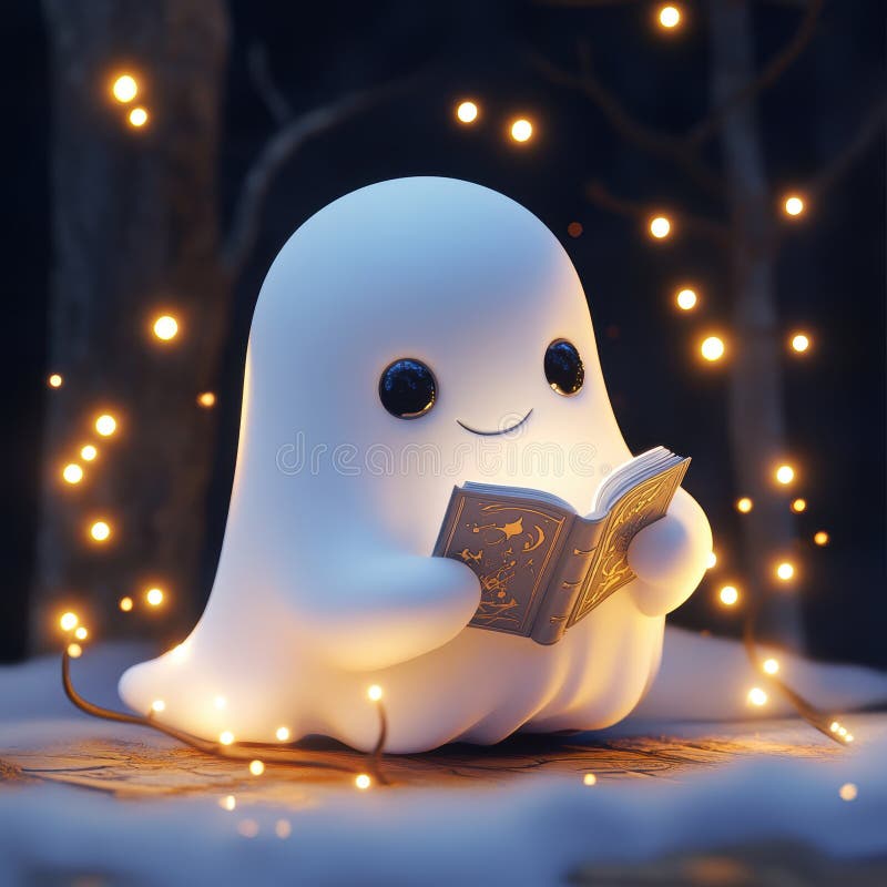 Friendly Ghost Reading by Fairy Lights Stock Illustration ...
