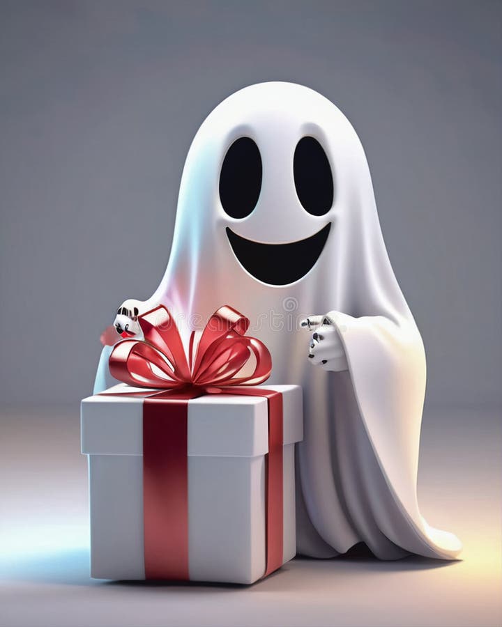 Friendly Ghost with a White Gift Box, Digital Art, 3D Design Stock ...