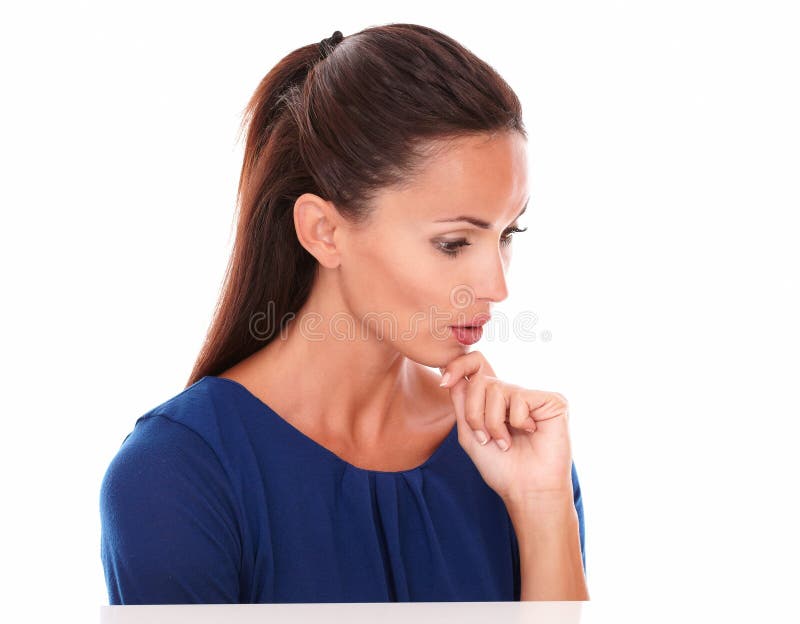 Friendly Girl Looking Down with Hand on Chin Stock Photo - Image of ...