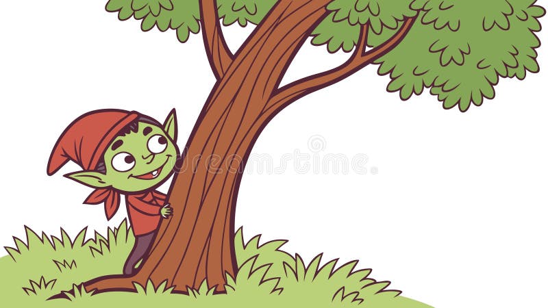 Friendly Goblin in a Pointy Red Hat, Hiding Behind a Forest Tree ...