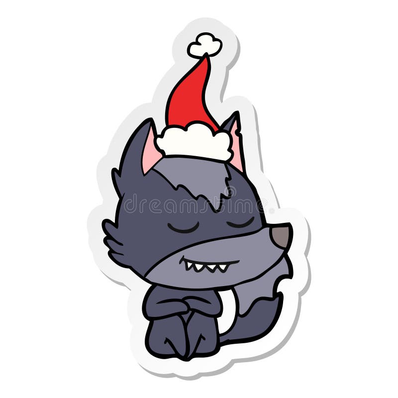 Friendly Hand Drawn Sticker Cartoon of a Wolf Sitting Wearing Santa Hat ...