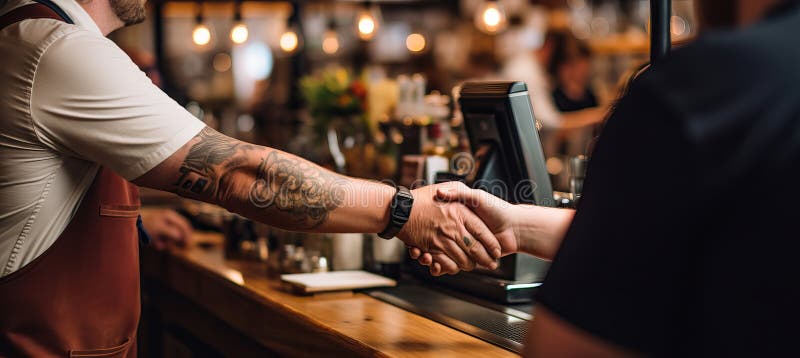 Friendly Handshake between Bartender and Customer at a Cozy Bar during ...