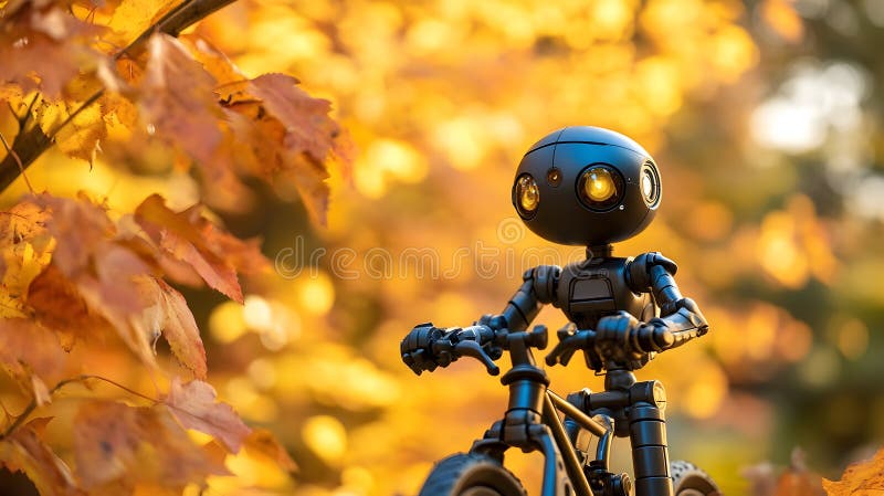 Friendly Humanoid Robot Cycling through a Beautiful Fall Landscape with ...