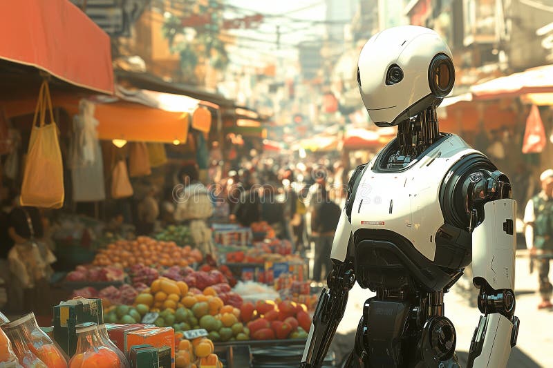 Friendly Humanoid Robot in a Futuristic Marketplace, AI Generated Stock ...