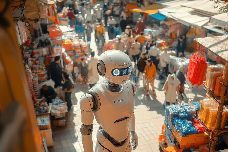 Friendly Humanoid Robot in a Futuristic Marketplace, AI Generated Stock ...