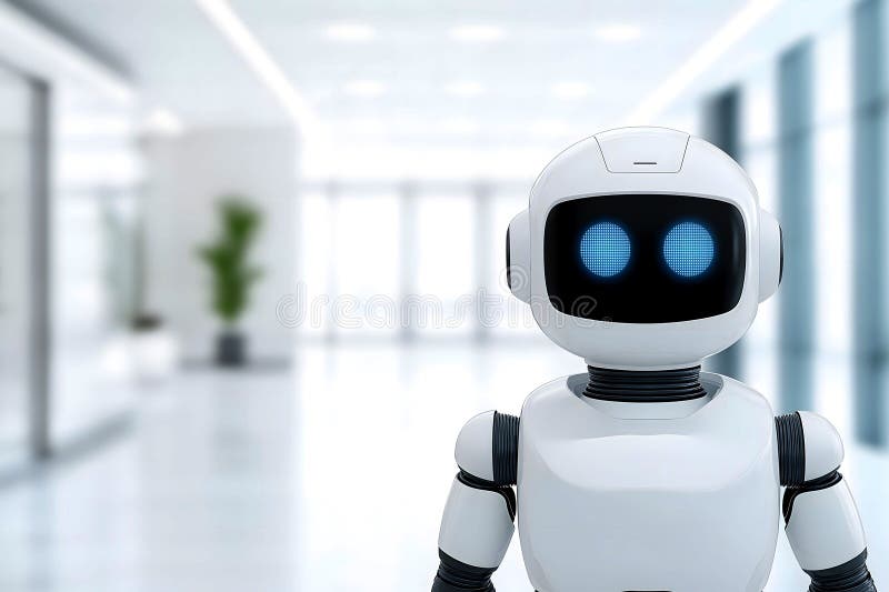 Friendly Humanoid Robot with Glowing Blue Eyes in a Bright Modern ...