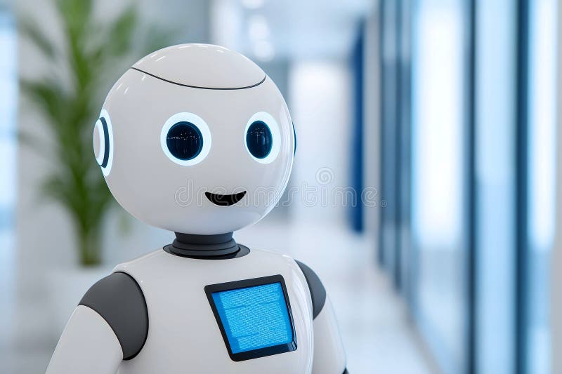 Friendly Humanoid Robot with Glowing Eyes and a Digital Screen in a ...