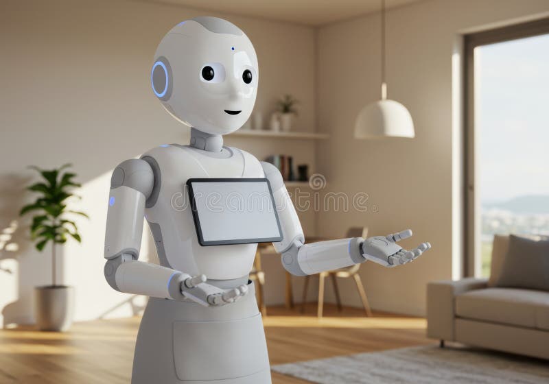 Friendly Humanoid Robot in Modern Living Room Interior Scene Stock ...