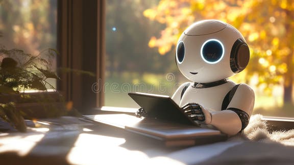 Friendly Humanoid Robot with Plastic Shell Using Tablet Device Stock ...