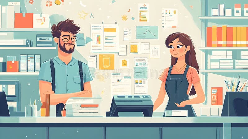 Friendly Interaction at a Retail Store Counter Stock Image - Image of ...