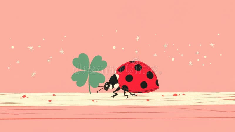 Friendly Ladybug Exploring Four Leaf Clover on Pink Background Stock ...
