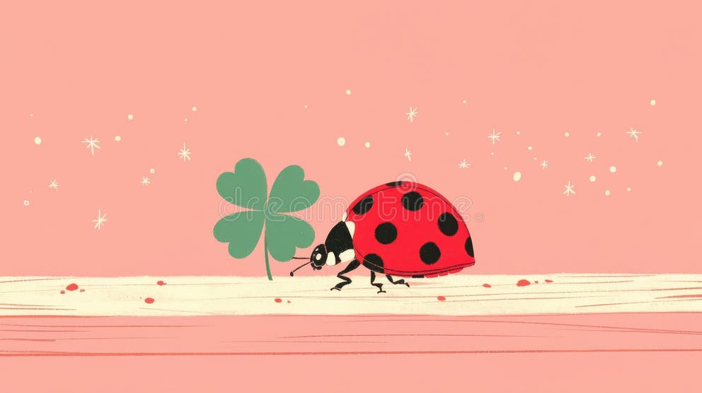 Friendly Ladybug Exploring Four Leaf Clover on Pink Background Stock ...