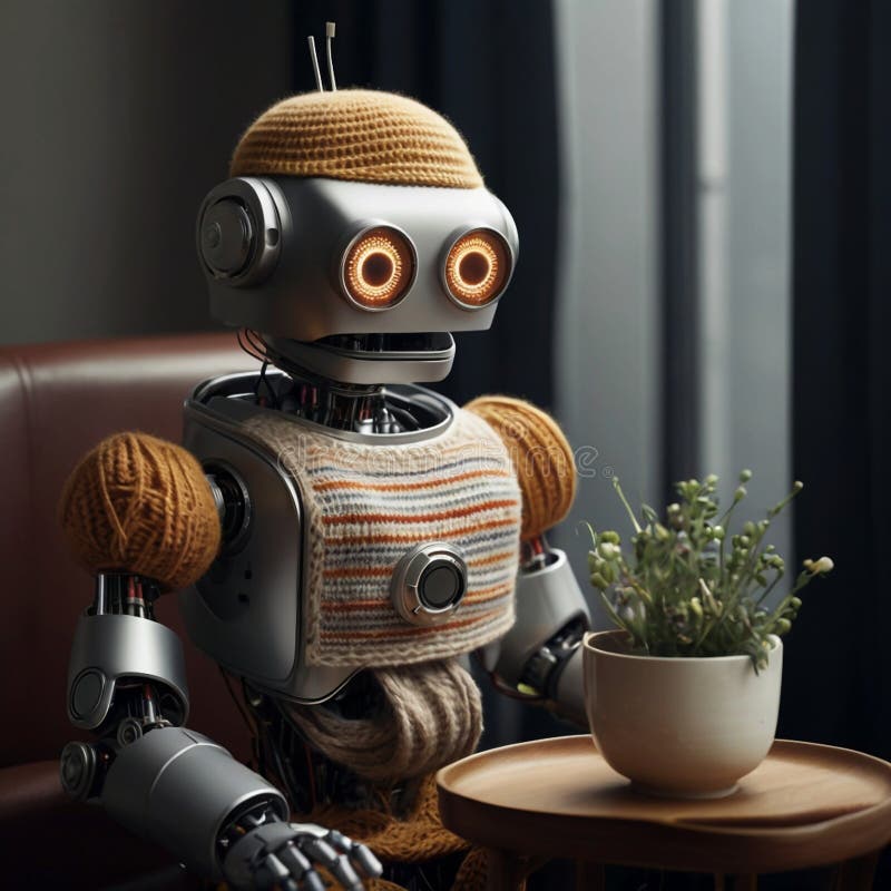 A Friendly-looking Robot Wears a Knitted Hat and Sweater, Sitting at a ...