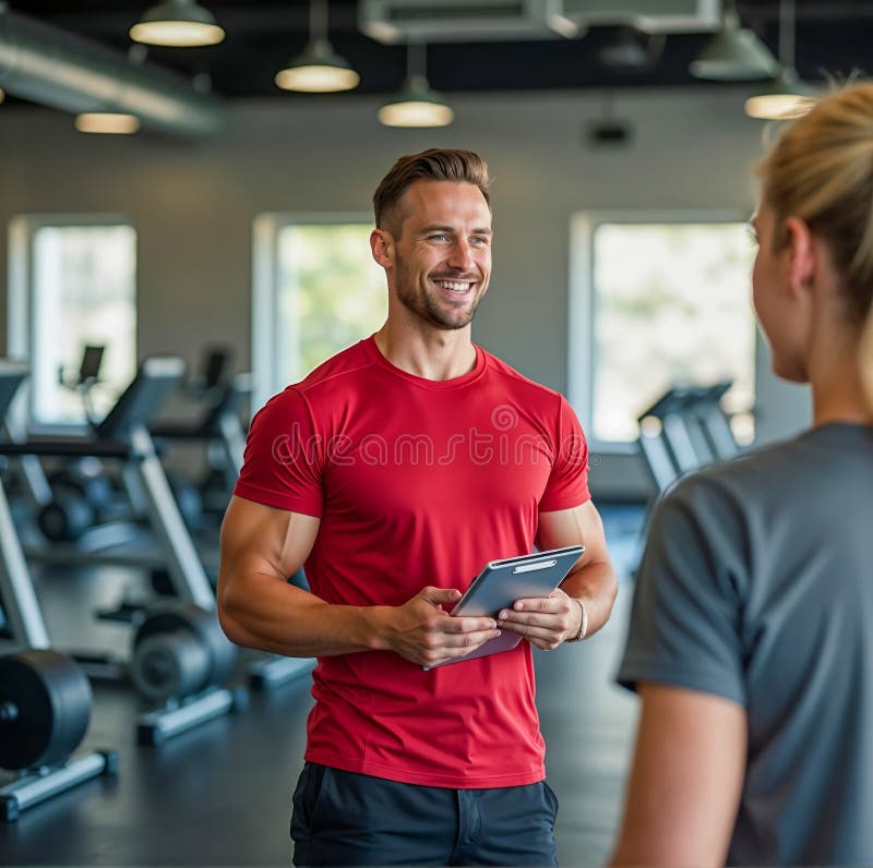 Friendly Male Trainer Discussing Workout Plans with a Female Client in ...