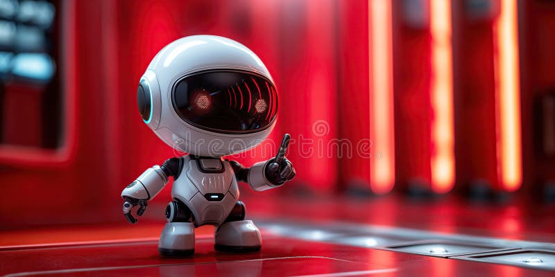 Friendly Mini Cute Robot Points with Hand To Copy Space on Red ...