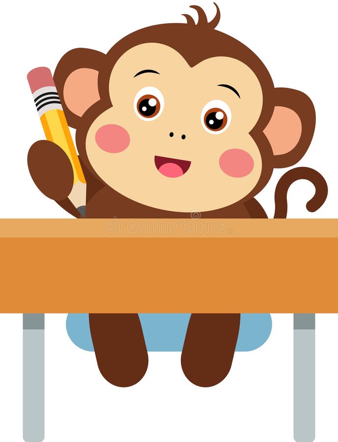 Friendly Monkey Student Sitting at a Table Stock Illustration ...