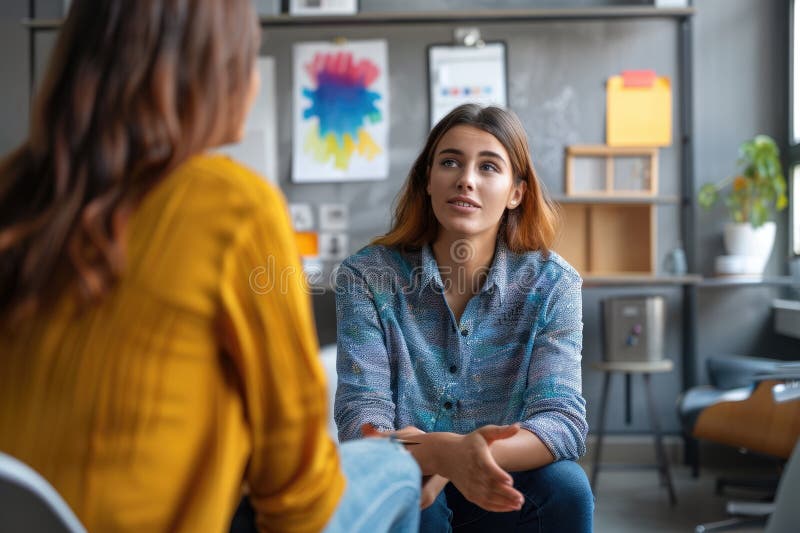 Friendly Office Conversation between Two Women in Modern Workspace ...