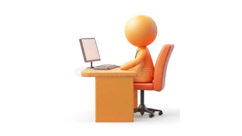 Orange 3D Character Working on Computer at Desk in Office Stock Video ...