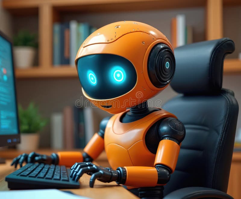 Friendly Orange Robot with Big Blue Glowing Eyes Sits at Desk Using ...