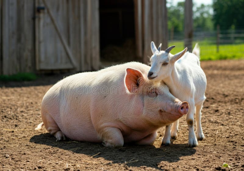 Friendly Pig and Goat Bonding in Sunny Farmyard Stock Image - Image of ...